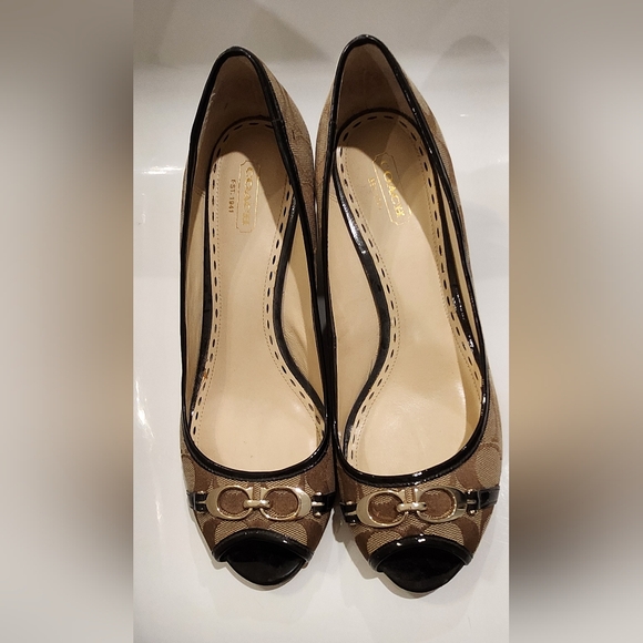 Coach | Shoes | Coach Logo Wedge Peeptoe Pumps 95 | Poshmark